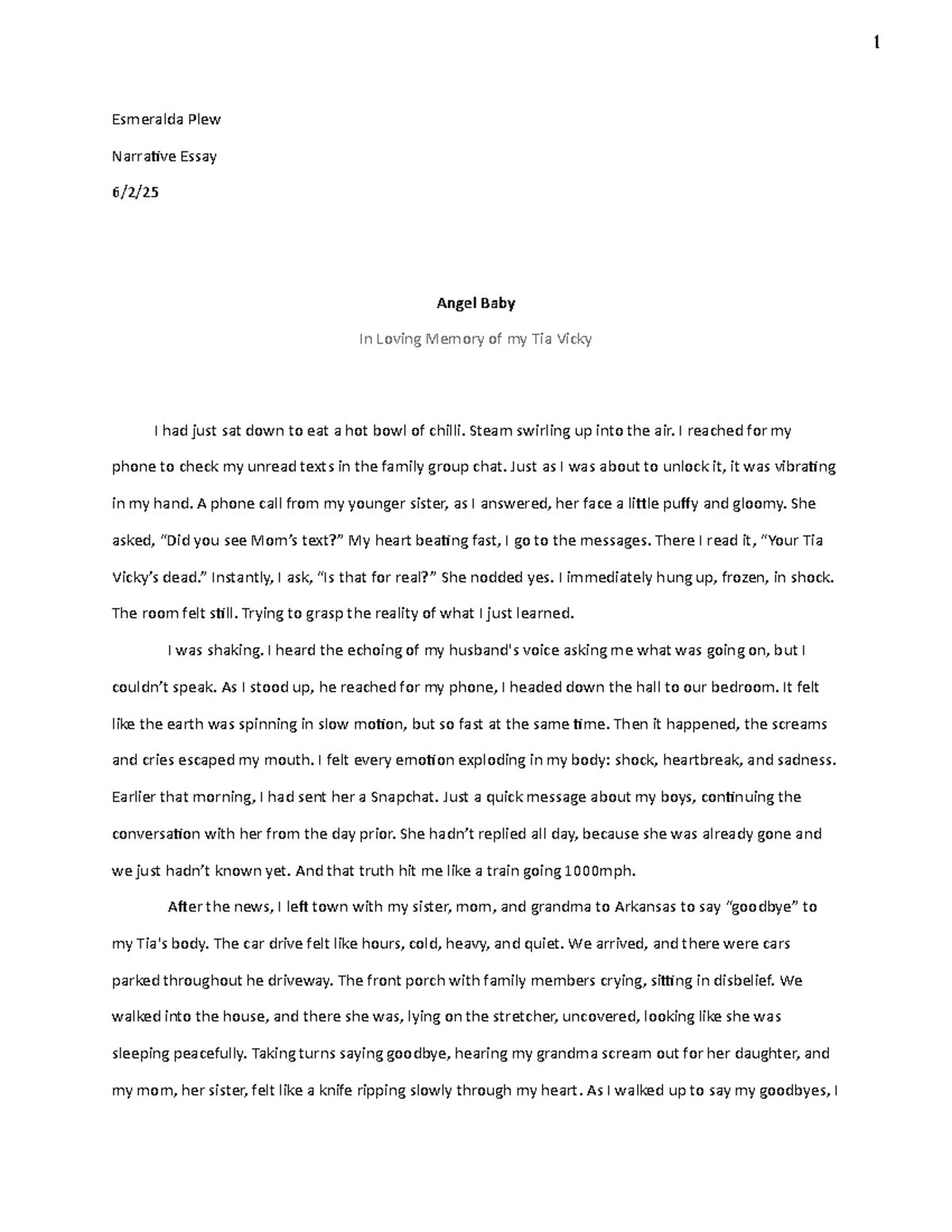 Narrative Essay: In Loving Memory of My Tia Vicky - Studocu