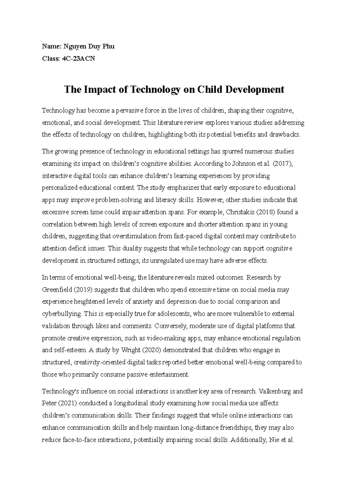 The Impact of Technology on Child Development - Literature Review - Studocu