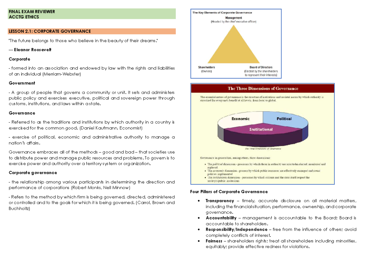 FINAL EXAM REVIEWER ACCTG ETHICS LESSON 2.1: CORPORATE GOVERNANCE & ESG ...