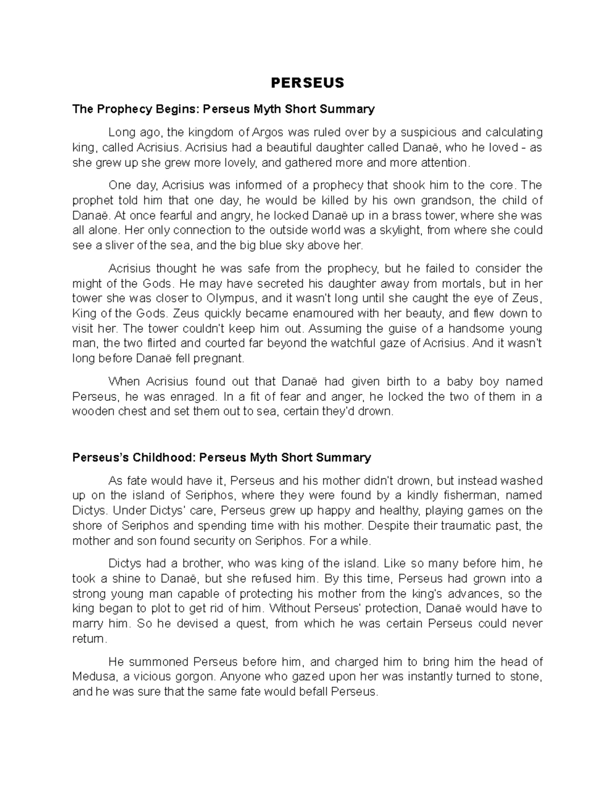The Adventures of Perseus: A Detailed Explanation of the Myth - Studocu
