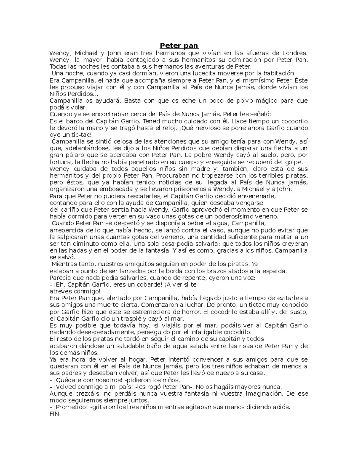 Resumen de "Peter Pan" - Aventura en el País de Nunca Jamás - Studocu