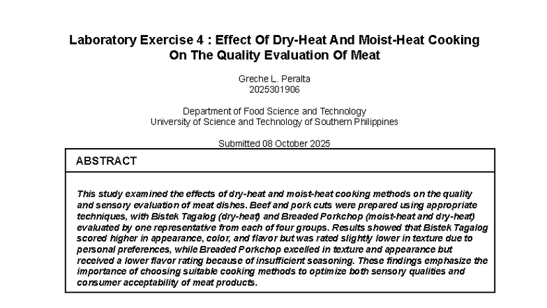 FT 112 Laboratory 4: Impact of Cooking Methods on Meat Quality ...