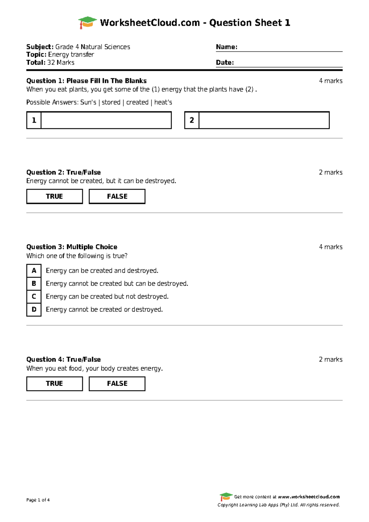 Gr4 Sci: Worksheet on Energy Transfer - Question Sheet 1 - Studocu