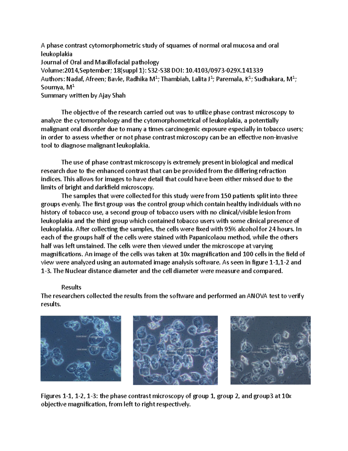 A phase contrast cytomorphometric study of squames of normal oral ...