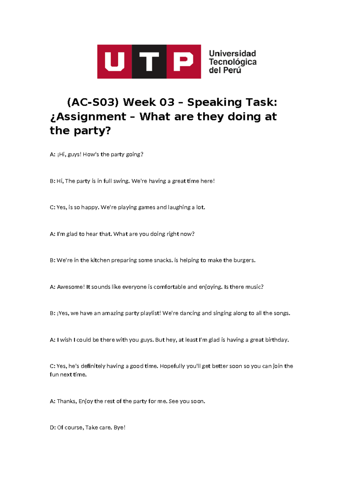 AC-S03 Week 03 Speaking Task: Party Activities Discussion - Studocu