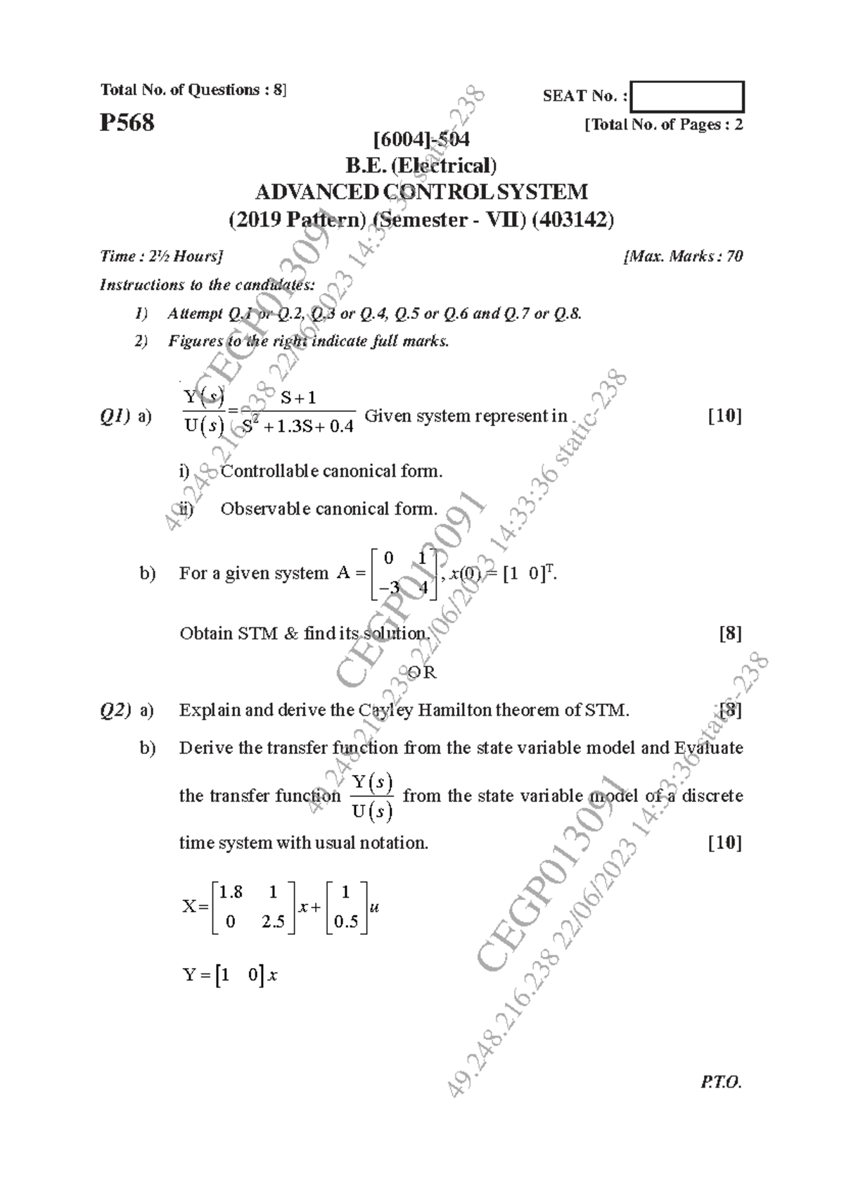 B.E. (Electrical) Advanced Control System Final Exam (2019 Pattern ...