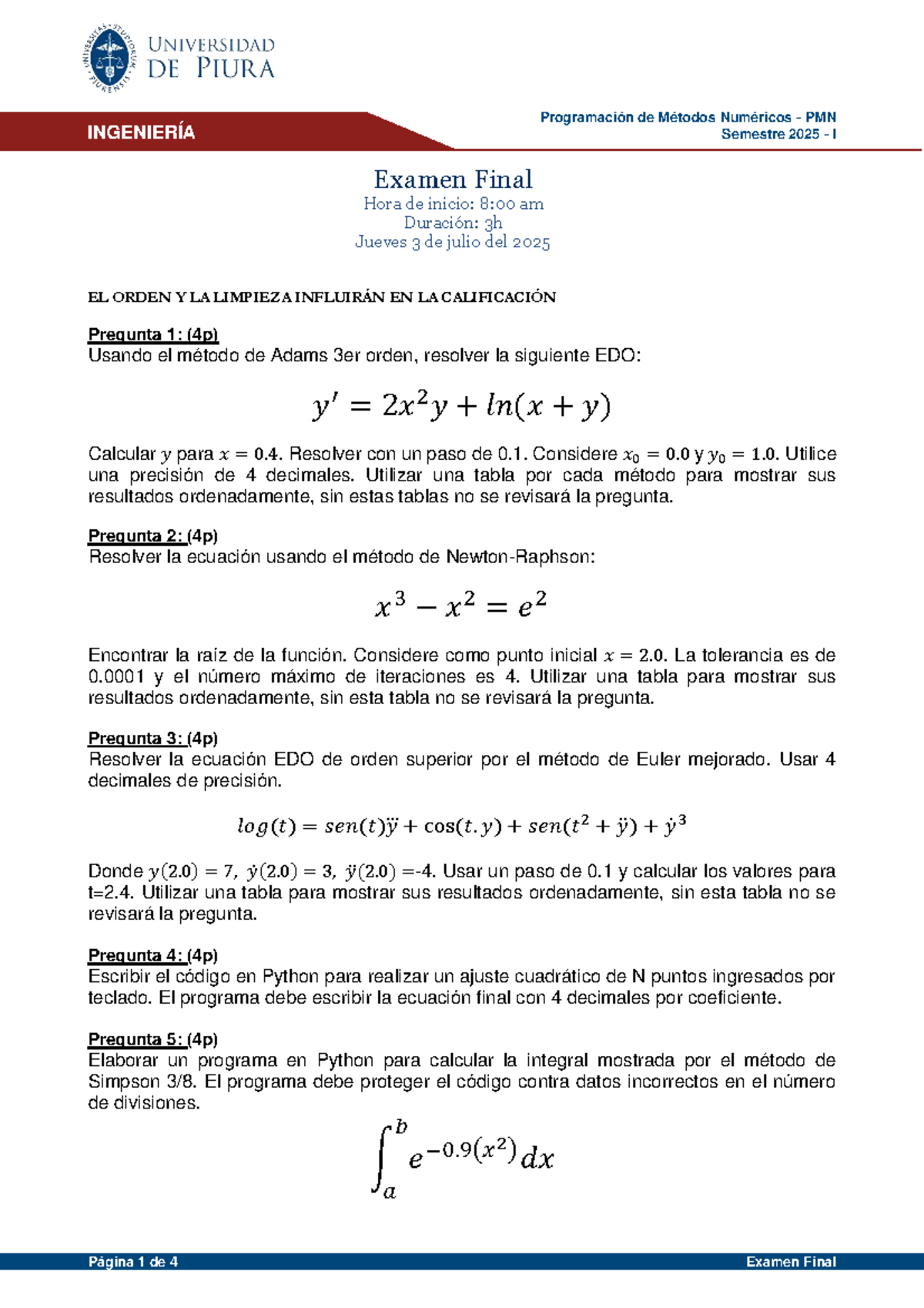 Examen Final PMN 2025 I - Métodos Numéricos: Soluciones y Ejercicios ...