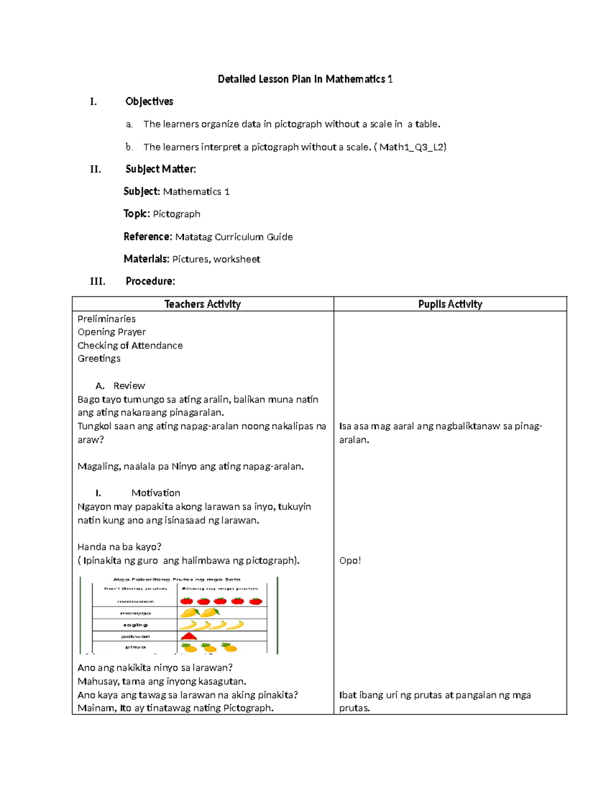 Mathematics 1 Detailed Lesson Plan on Pictograph (Math1_Q3_L2) - Studocu