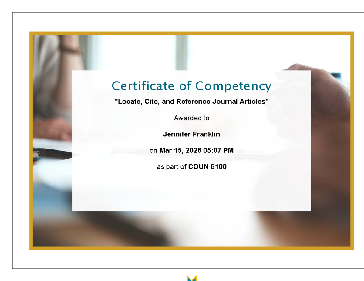 Week 3 Assignment 2 - COUN 6100 - Certificate of Competency "Locate ...