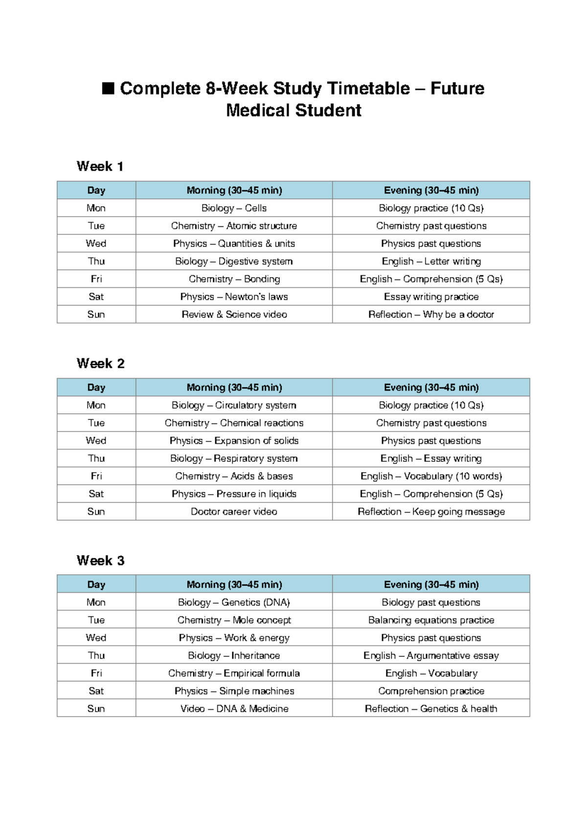 Medical Student 8-Week Study Timetable for Future Doctors - Studocu