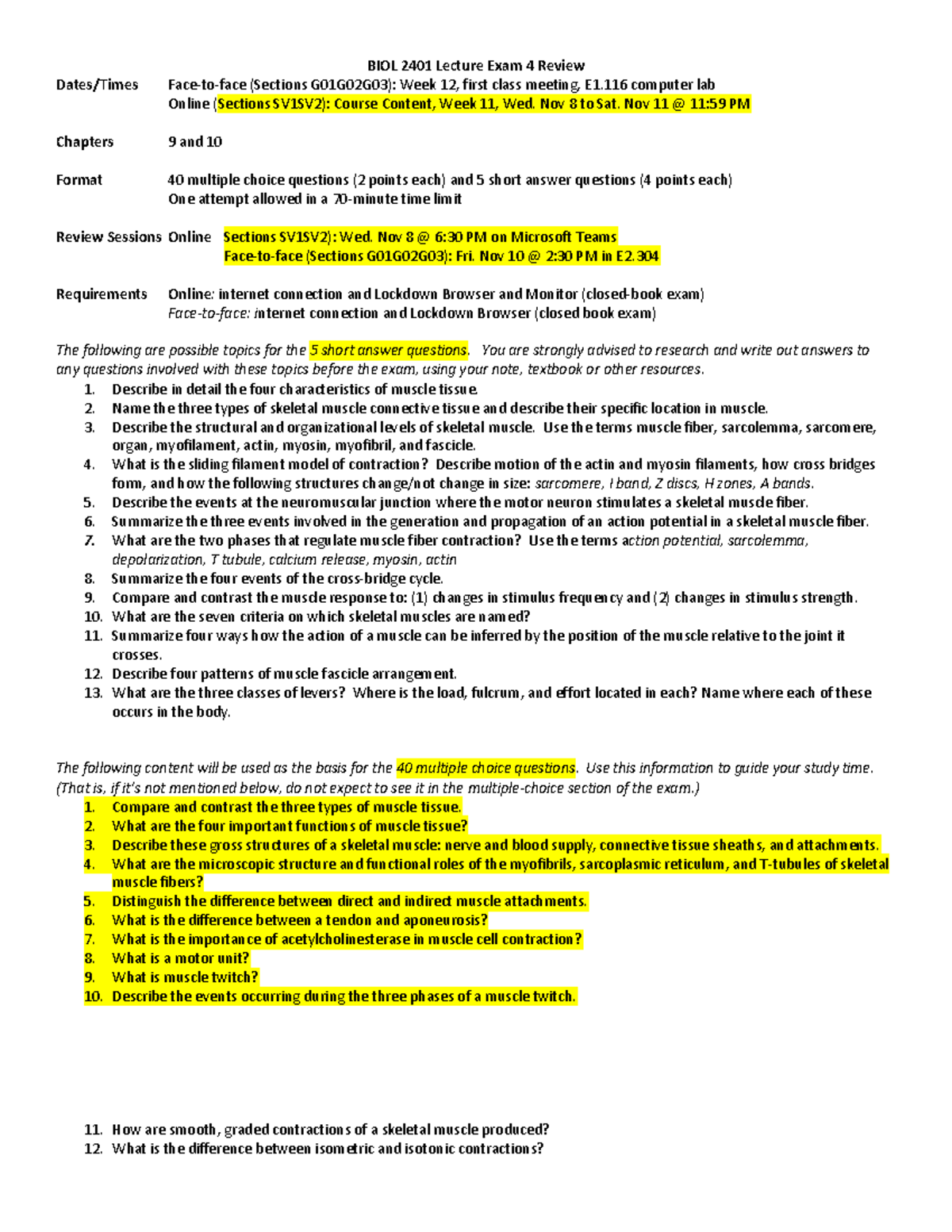 BIOL 2401 Lecture Exam 4 Comprehensive Review Guide - Studocu