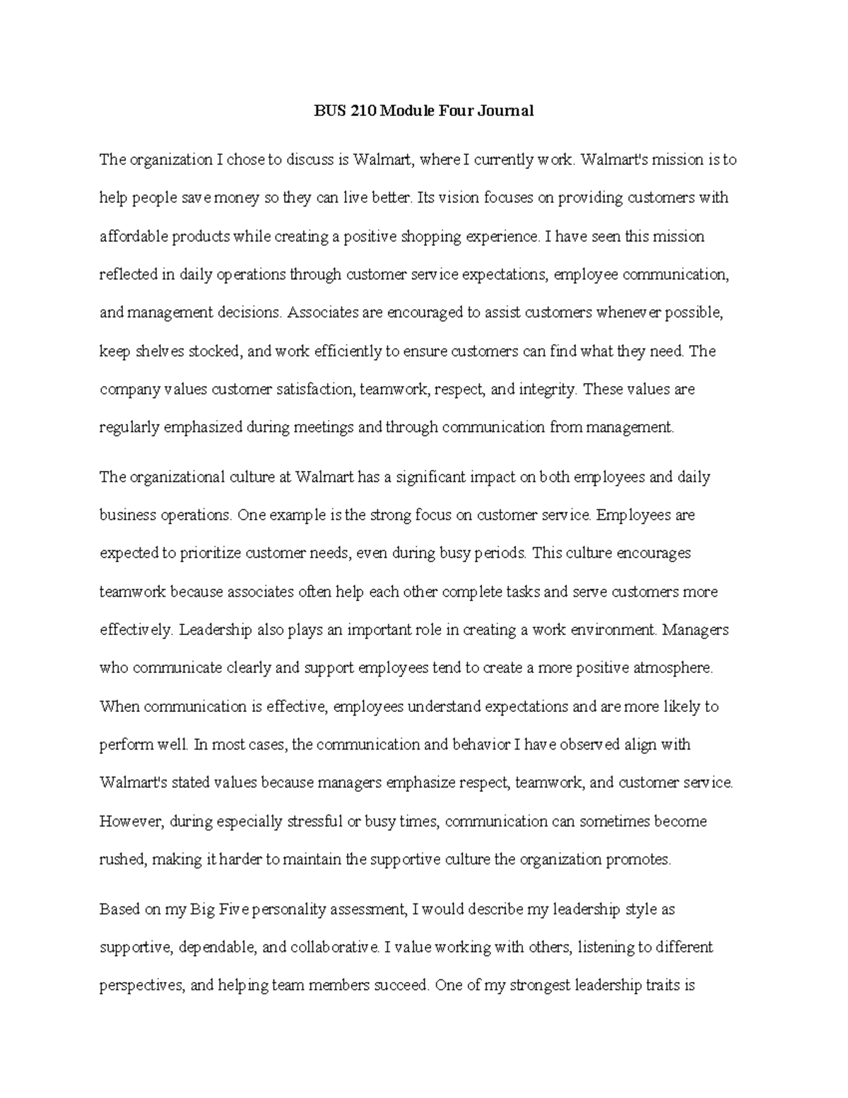 BUS 210 Module 4 Journal: Analyzing Walmart's Organizational Culture ...