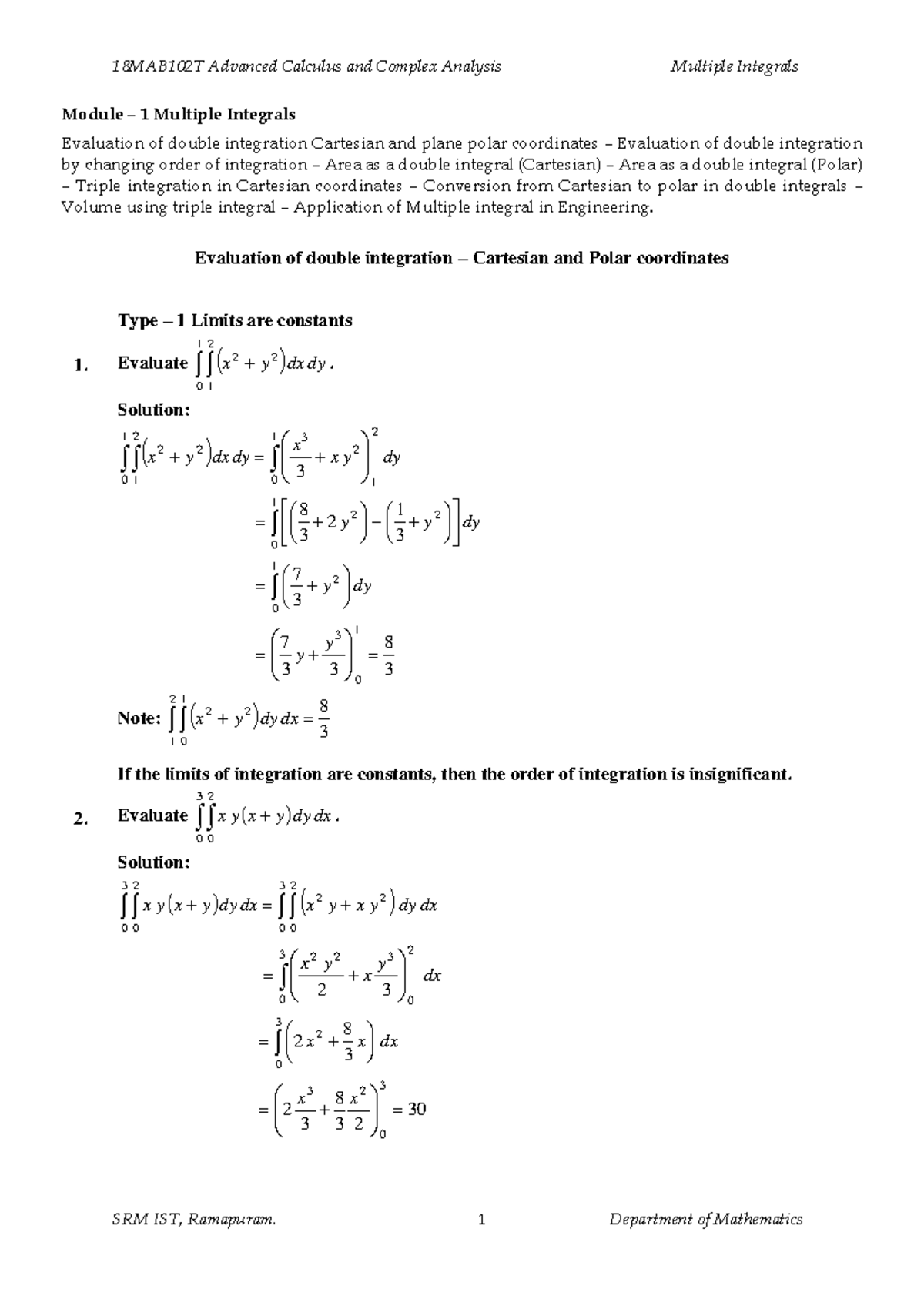 Unit 1 - Multiple Integrals - Module – 1 Multiple Integrals Evaluation of double integration ...