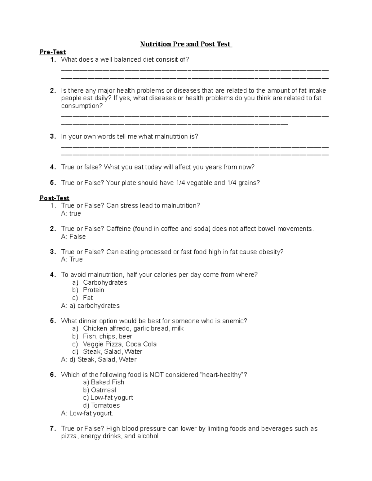 Nutrition Pre & Post-Test Questions - Essential Assessment Guide - Studocu