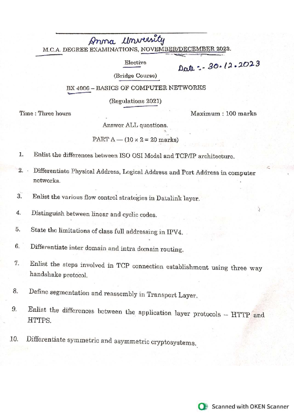 BX4006 Basics of Computer Networks Exam Paper - Dec 2023 - Studocu