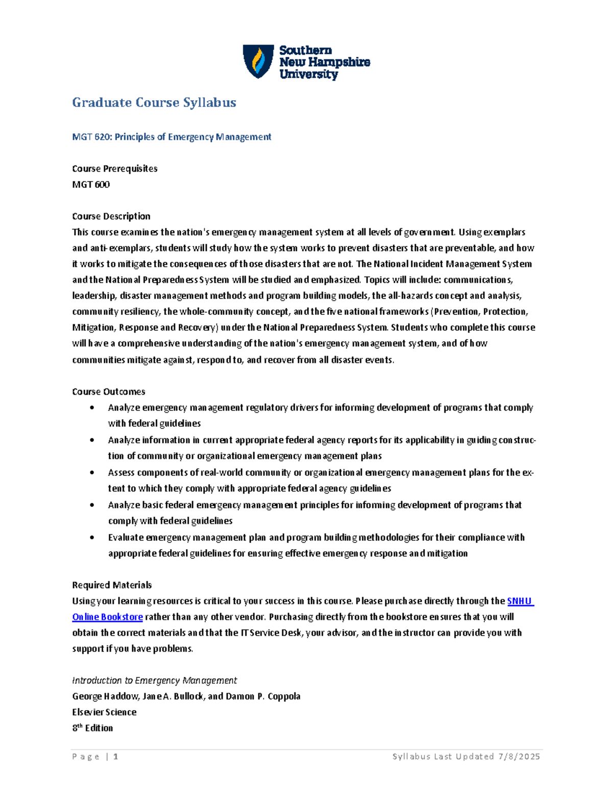 MGT 620: Syllabus for Principles of Emergency Management Course - Studocu