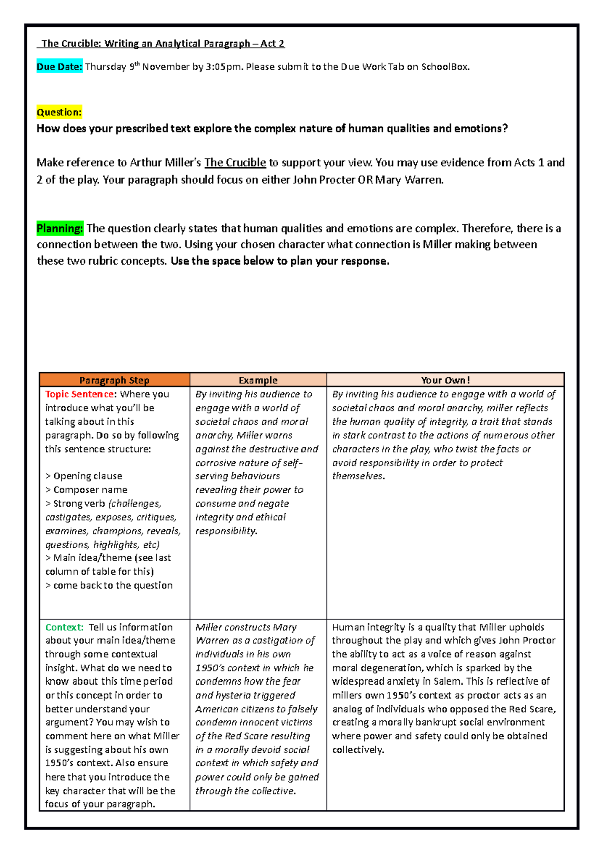 The Crucible Act 2 Analytical Paragraph Writing Task - Studocu