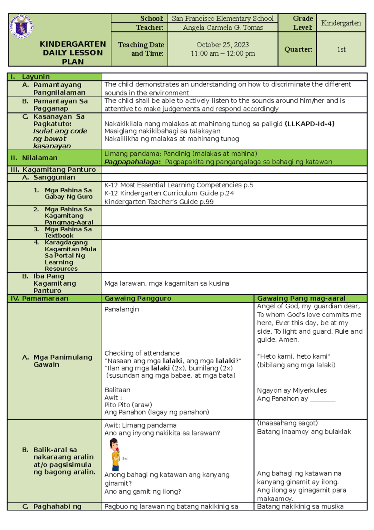 K-12 Kinder Daily Lesson Plan: Understanding Sounds (Oct 25, 2023 ...