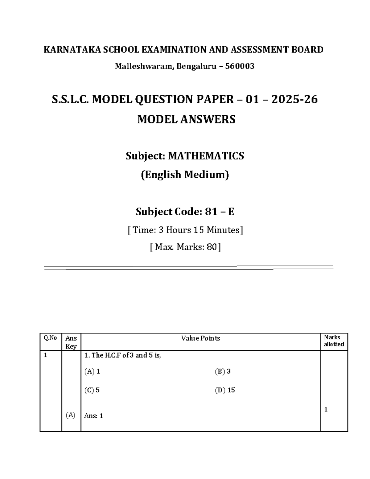 SSLC 2025-2026 Model Question Paper 01 - Mathematics (Code: 81E) - Studocu