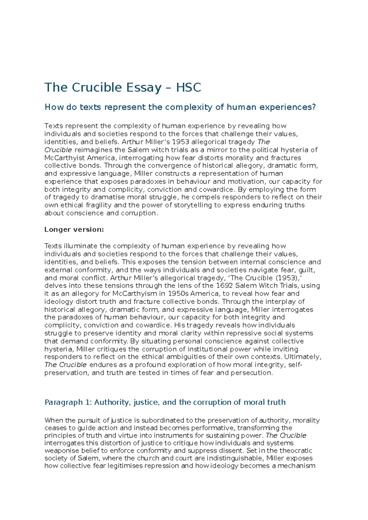The Crucible Essay HSC: Exploring Human Experience and Moral Complexity ...