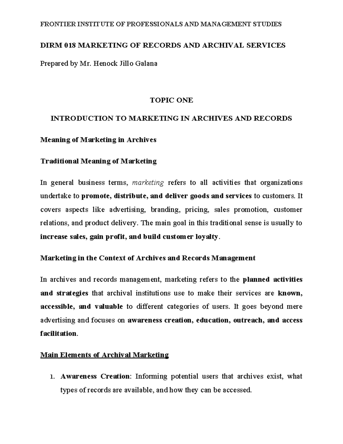 DIRM 018 Final Exam: Marketing Strategies for Archives and Records ...