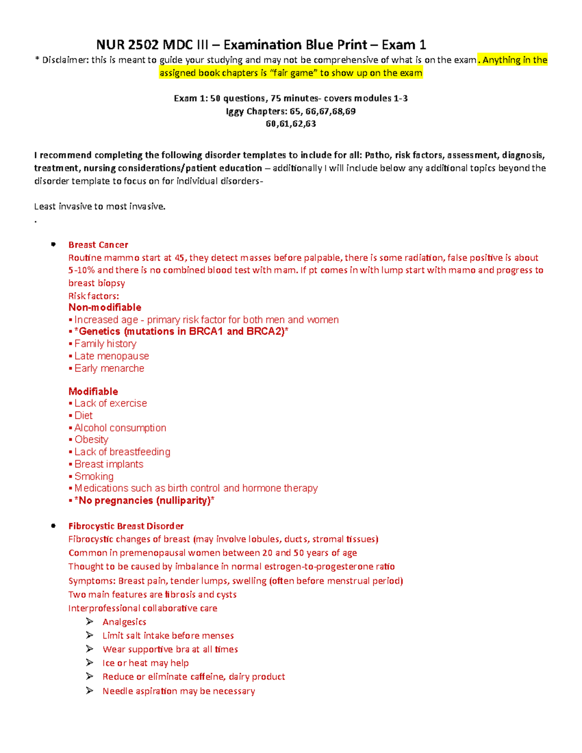 Exam1Blueprint W 22 - MDC 3 exam 1 study guide - NUR 2502 MDC III – Examination Blue Print ...