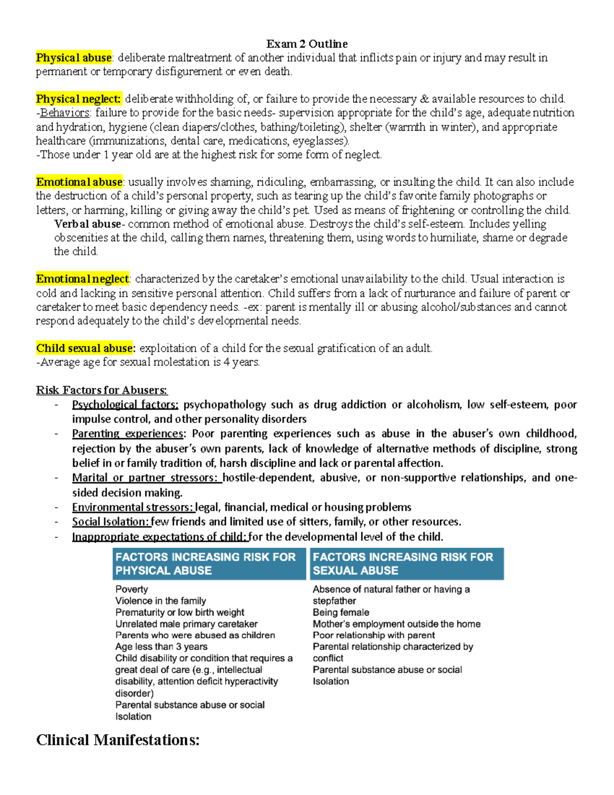 Exam 2 Study Guide: Child Abuse & Neglect Topics and Nursing Care - Studocu