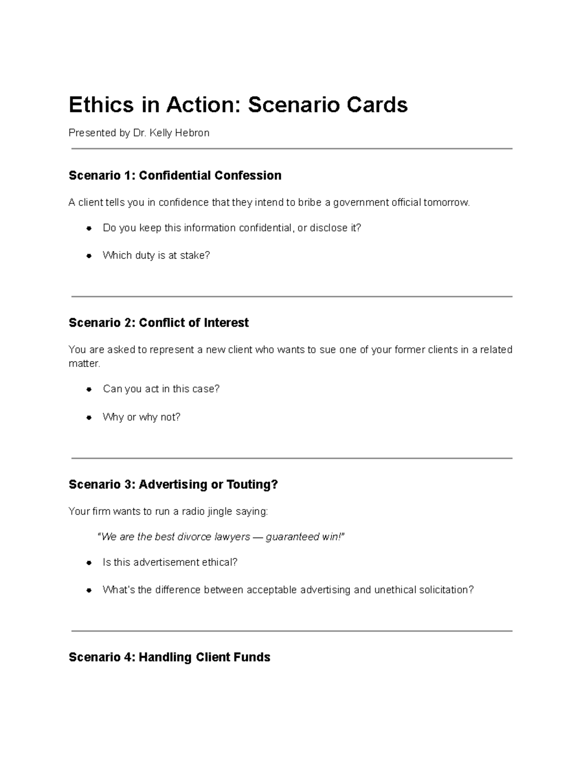 Ethics in Action: Scenario Cards for Legal Dilemmas - Studocu