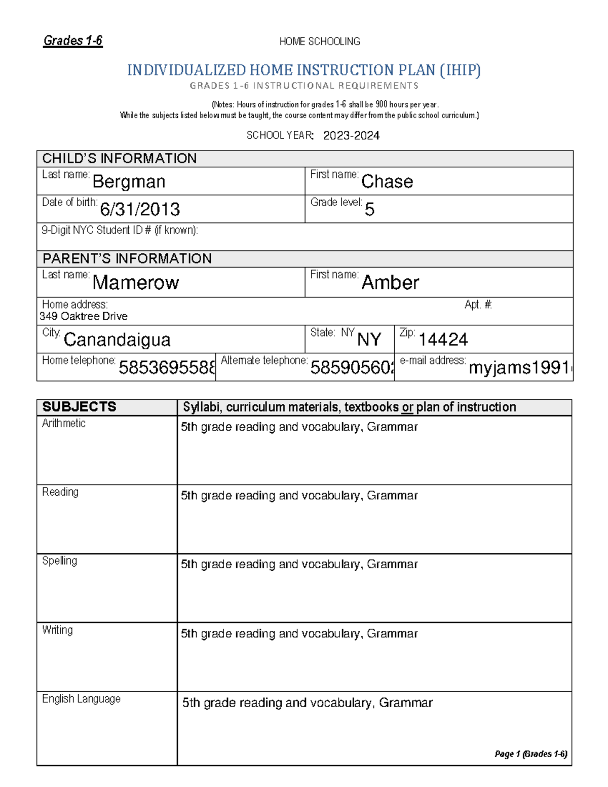 Individualized home instruction plan ihip grades 1 6 - Grades 1-6 HOME ...