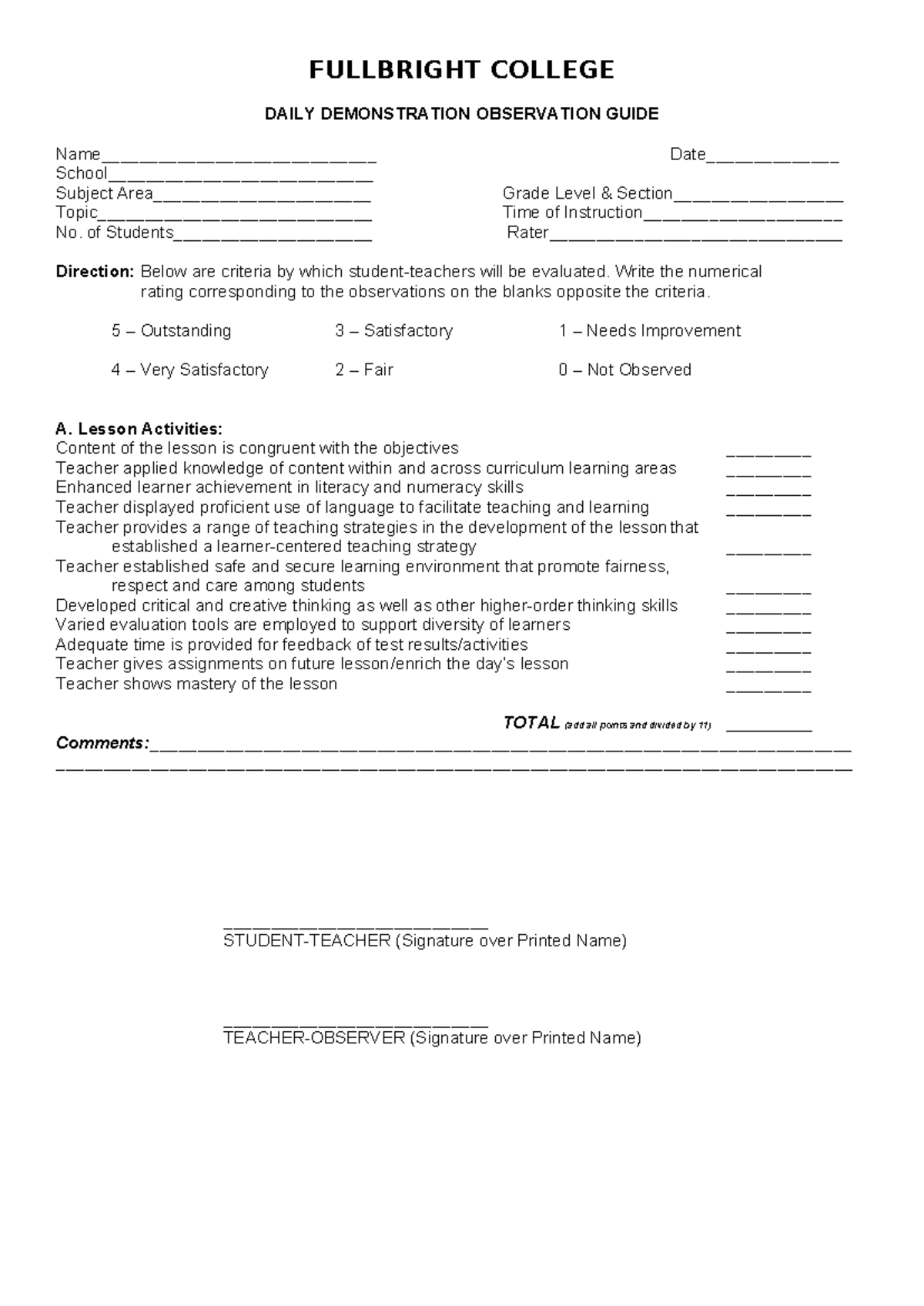 FBC Daily Demo Observation Guide: Evaluation Criteria & Ratings - Studocu