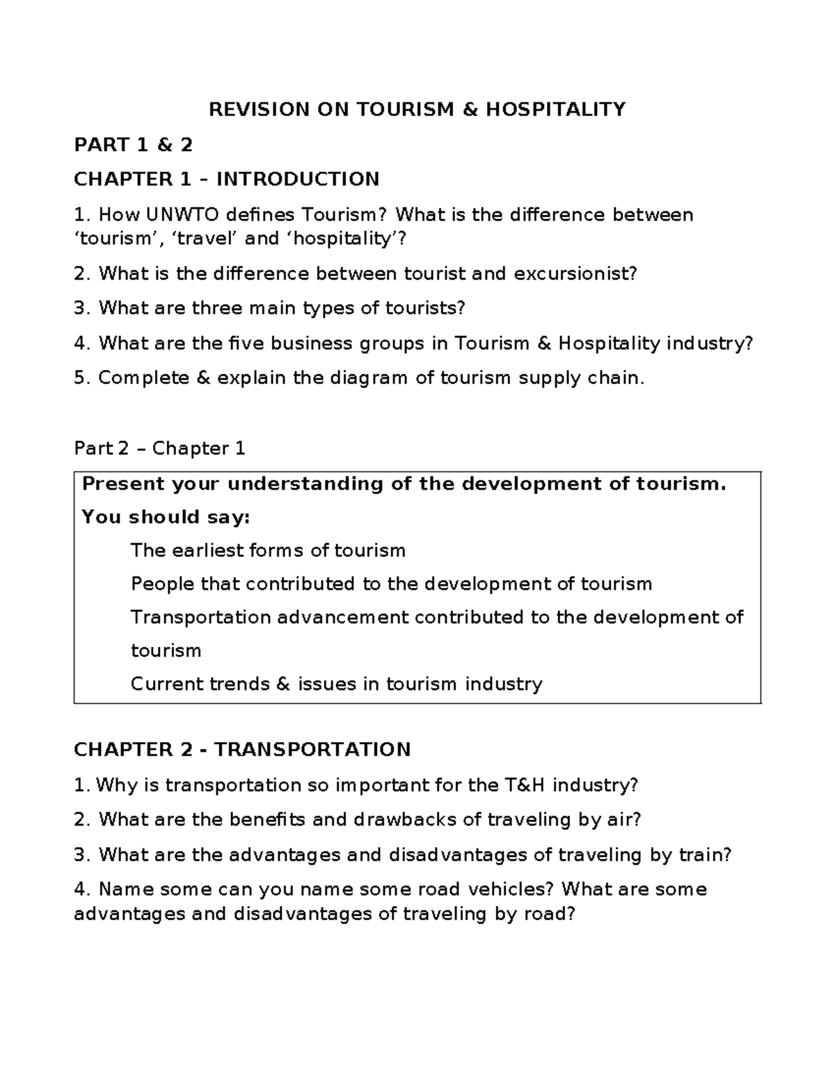 DLKS. Tourism & Hospitality Revision: Chapters 1-10 Overview - Studocu