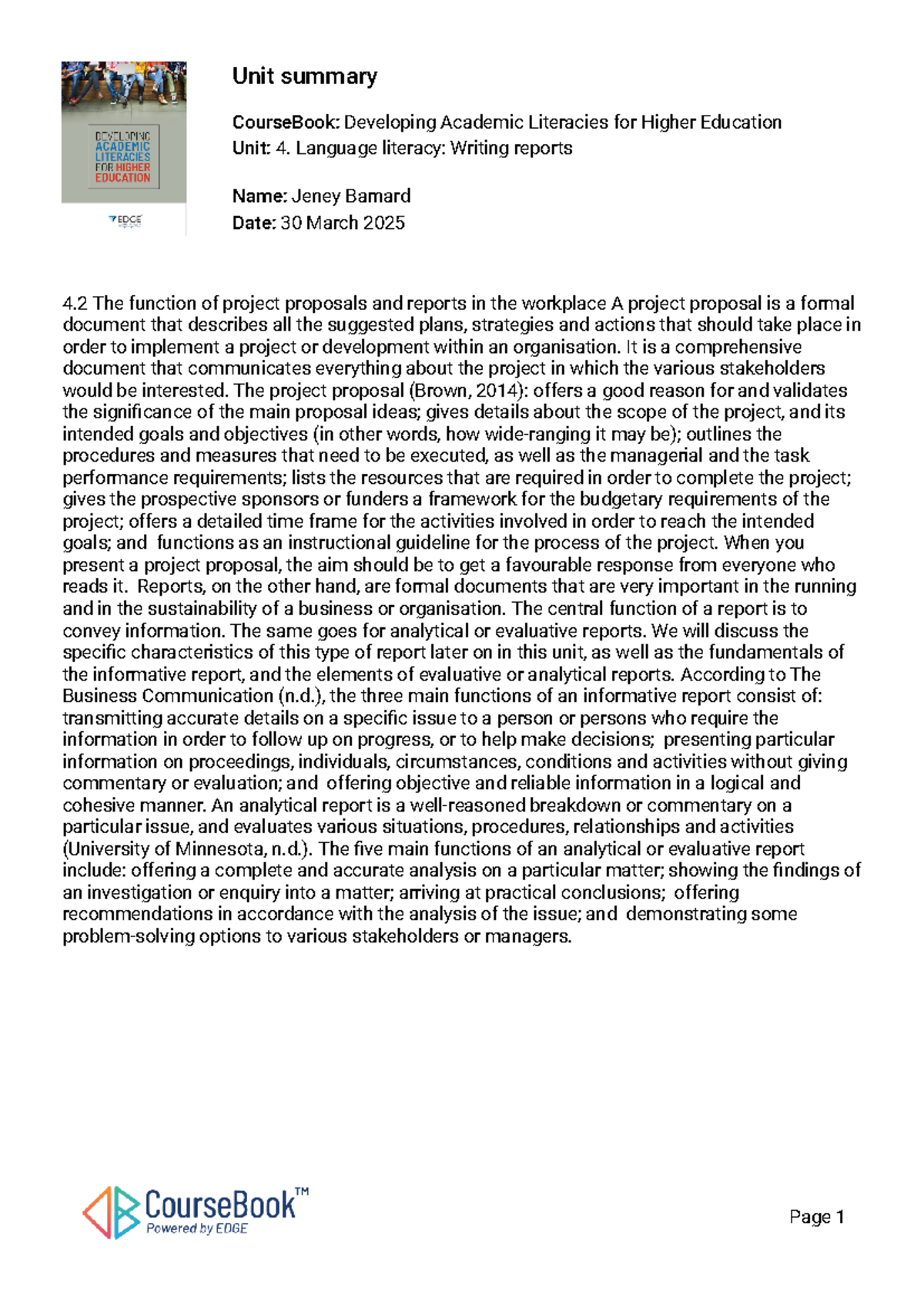 Developing Academic Literacies: Unit 4 Report Writing Summary - Unit ...