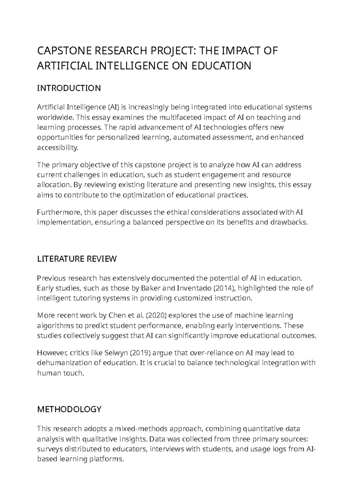 CAPSTONE RESEARCH PROJECT: AI's Impact on Education - Studocu