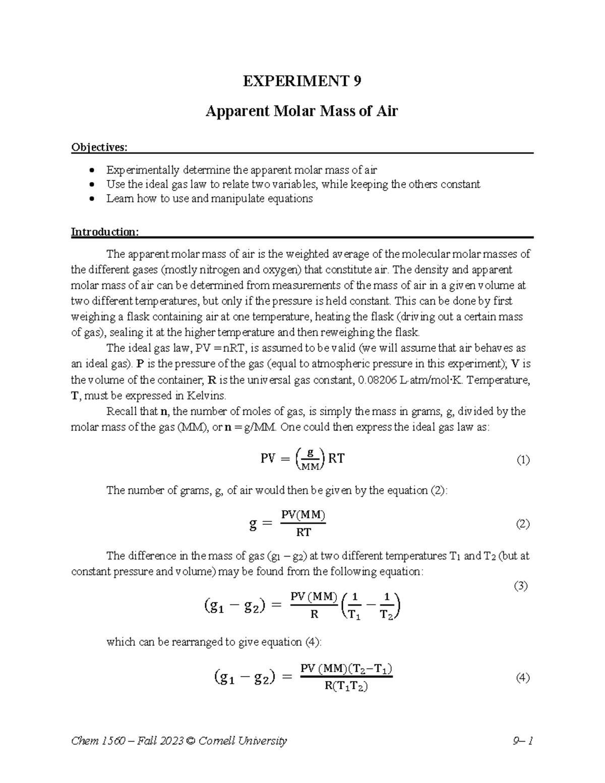 Expt 9: Determining the Apparent Molar Mass of Air - 2023 Lab Guide ...