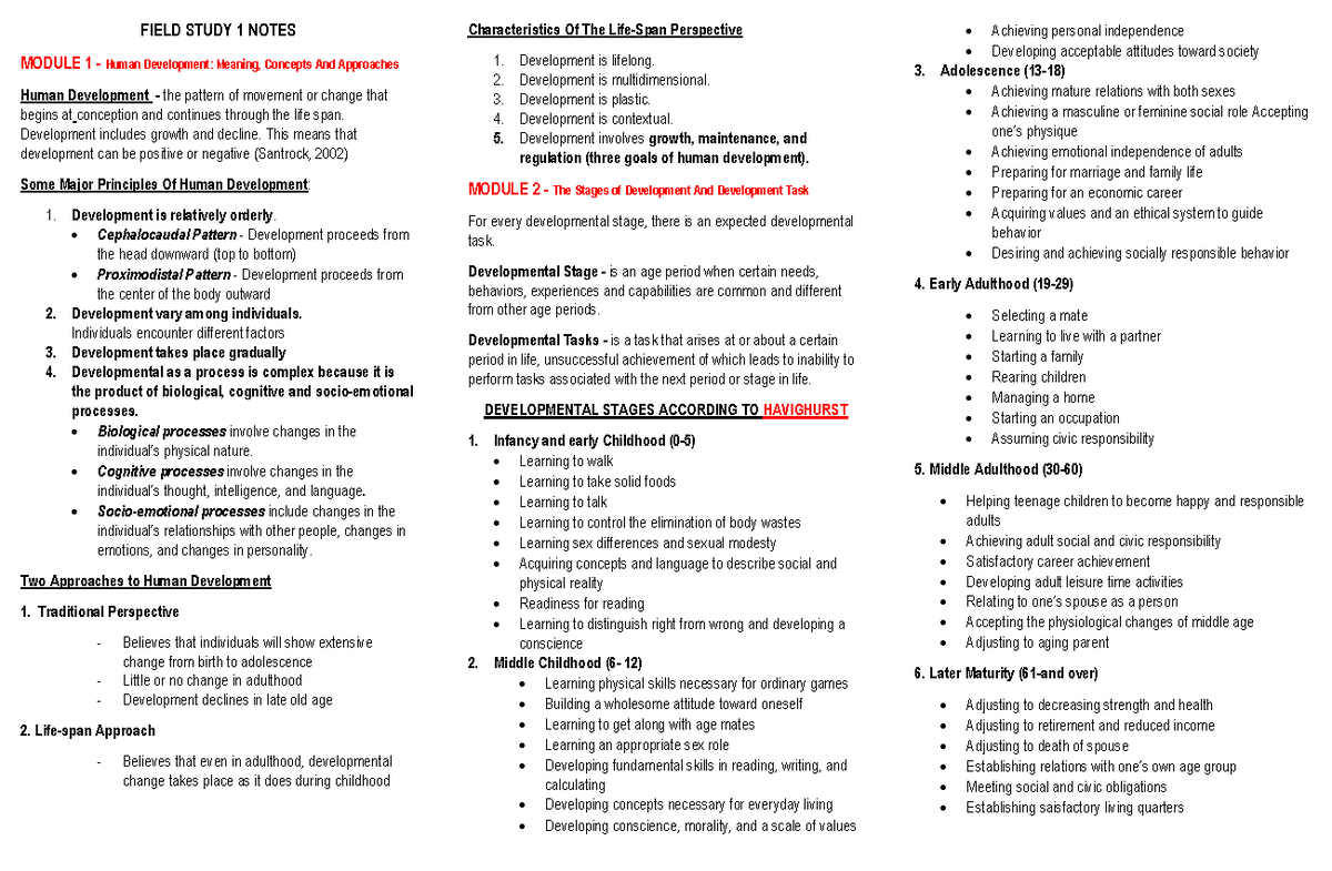 FIELD STUDY 1 NOTES MODULE 1: Human Development Theories and Stages ...