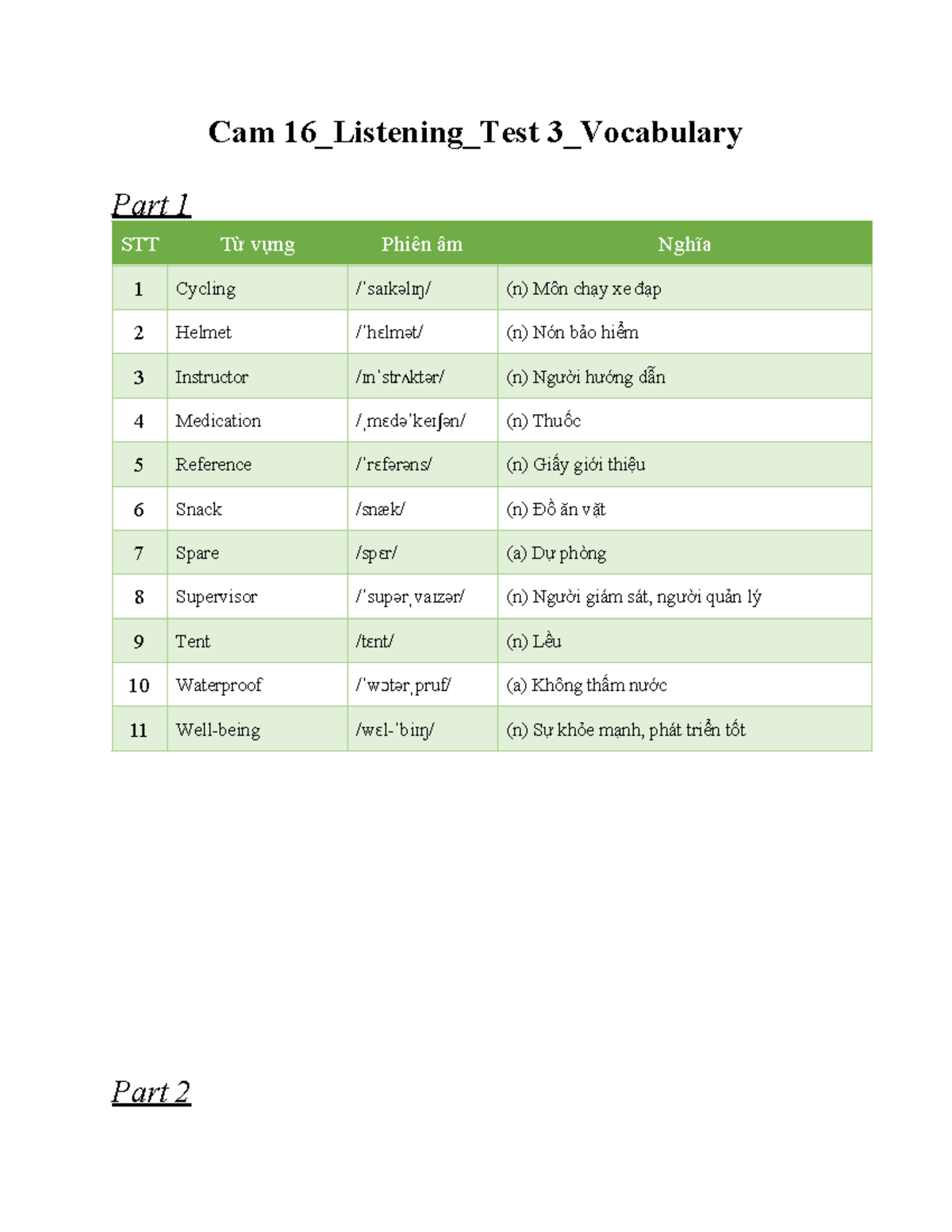 Cam 16 Listening Test 3: Comprehensive Vocabulary List - Studocu