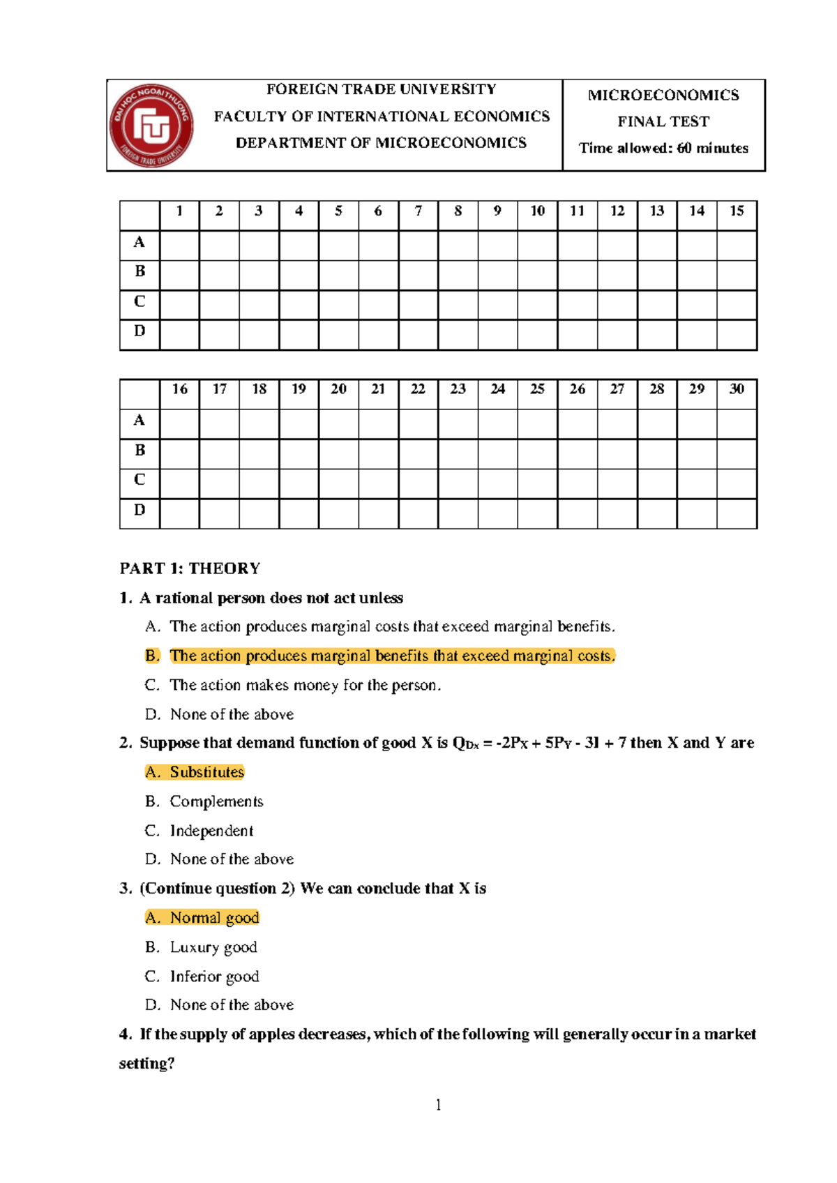 Microeconomics Final Test - Foreign Trade University (FTU) - Studocu