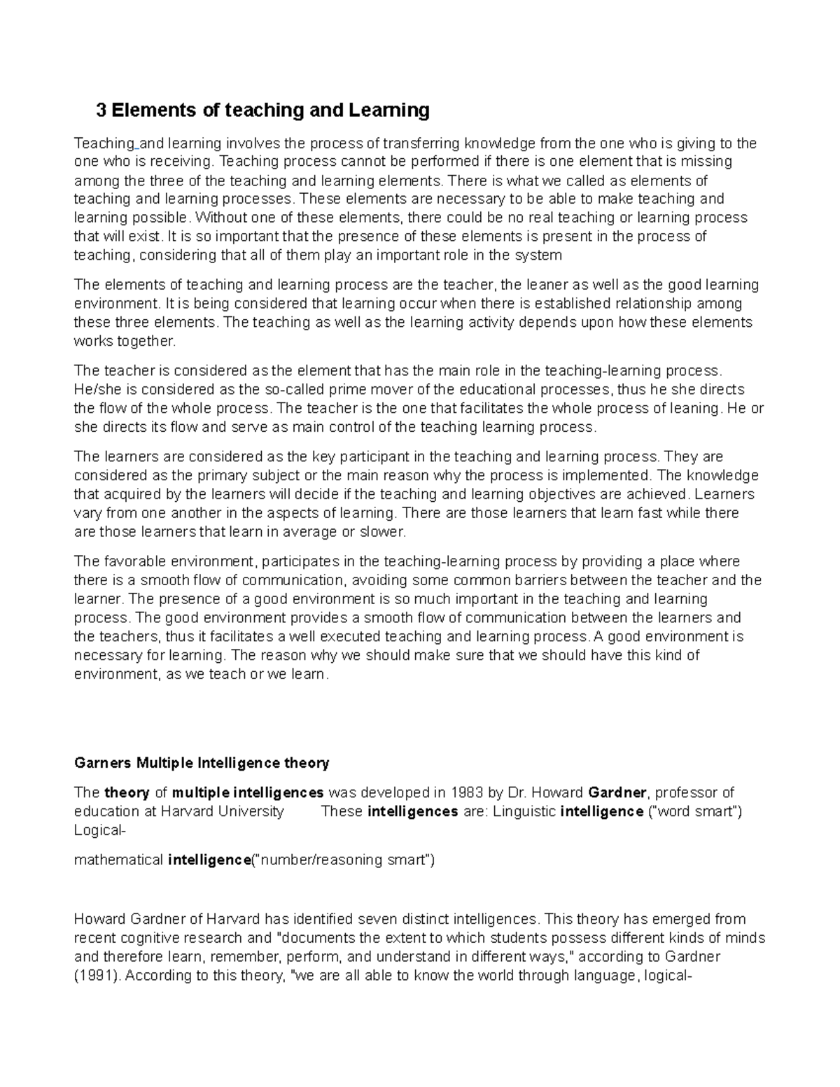 Teaching and Learning: The 3 Essential Elements Explained - Studocu