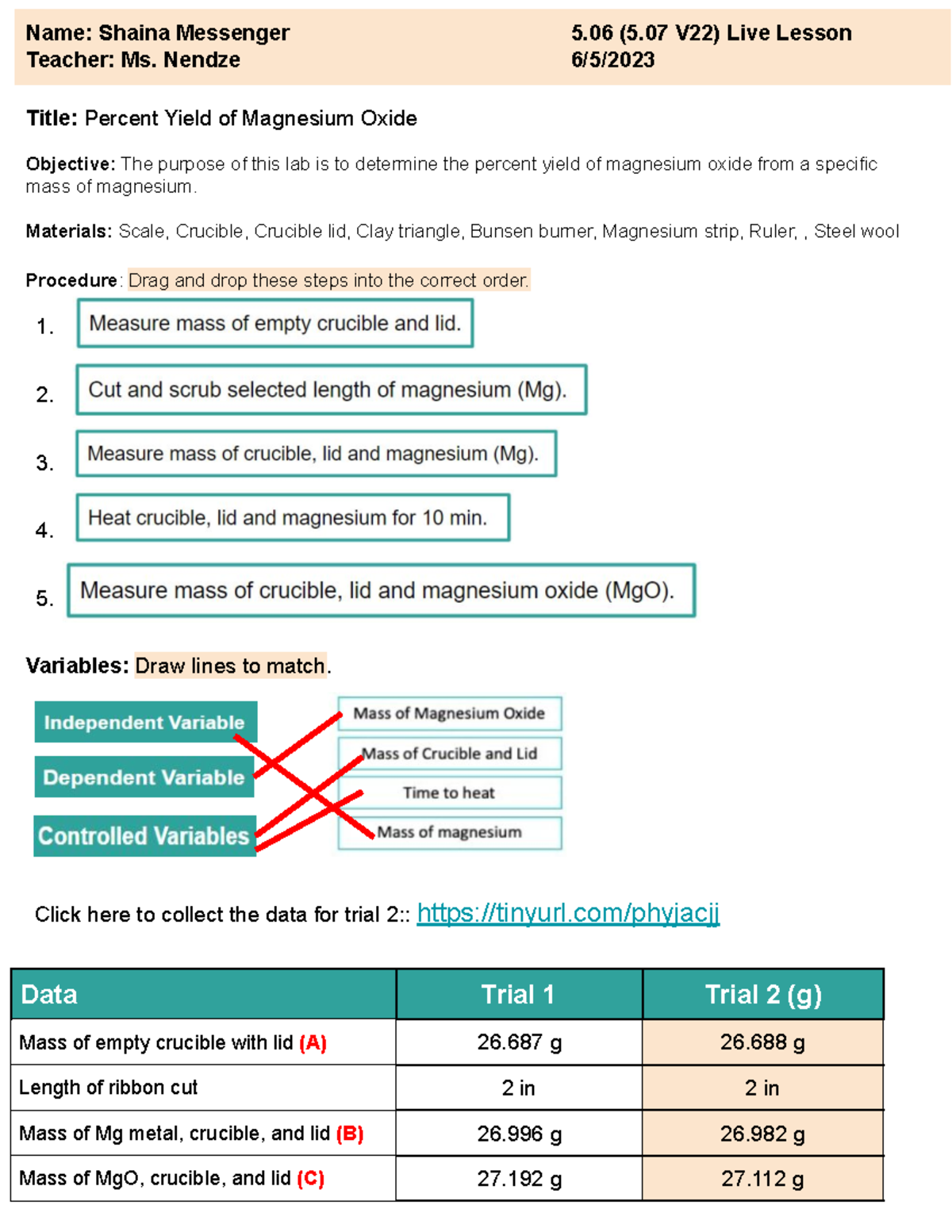 Lab Report on Percent Yield of MgO: 5.06 (5.07 V22) Analysis - Studocu