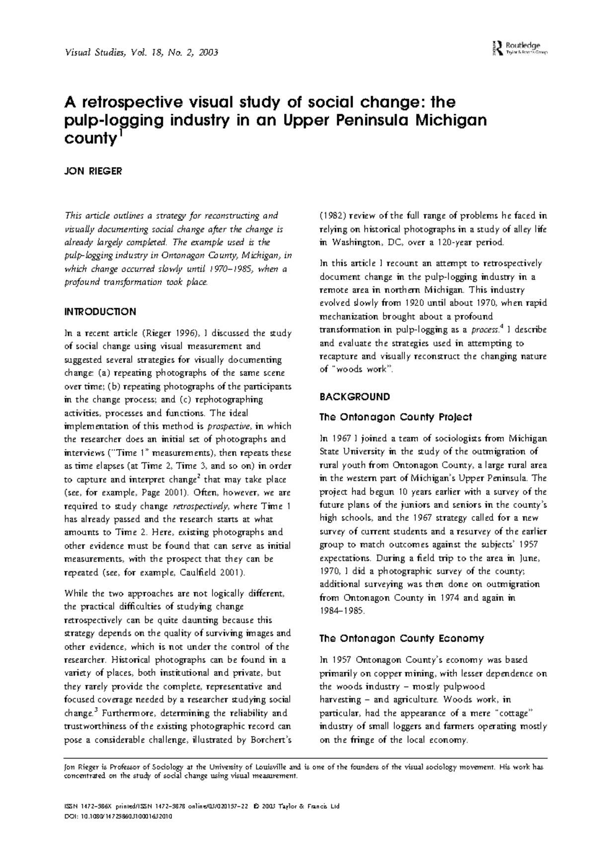 Retrospective Study of Social Change in the Pulp-Logging Industry (Rieger) - A retrospective ...