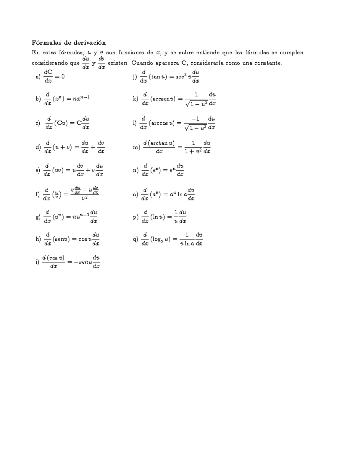 Fórmulas de Derivación y Tabla de Derivadas para Estudio - Studocu