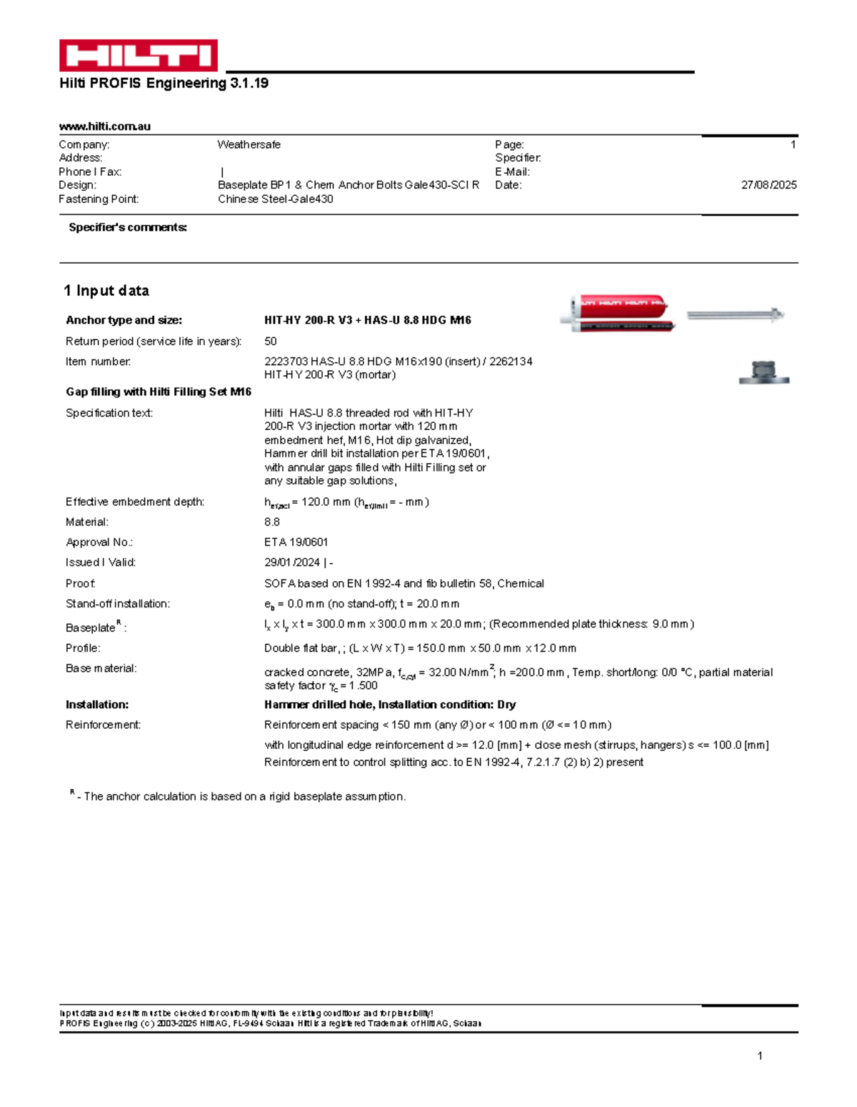 Hilti PROFIS Engineering 3.1.19: Baseplate BP1 & Chem Anchor Bolts ...