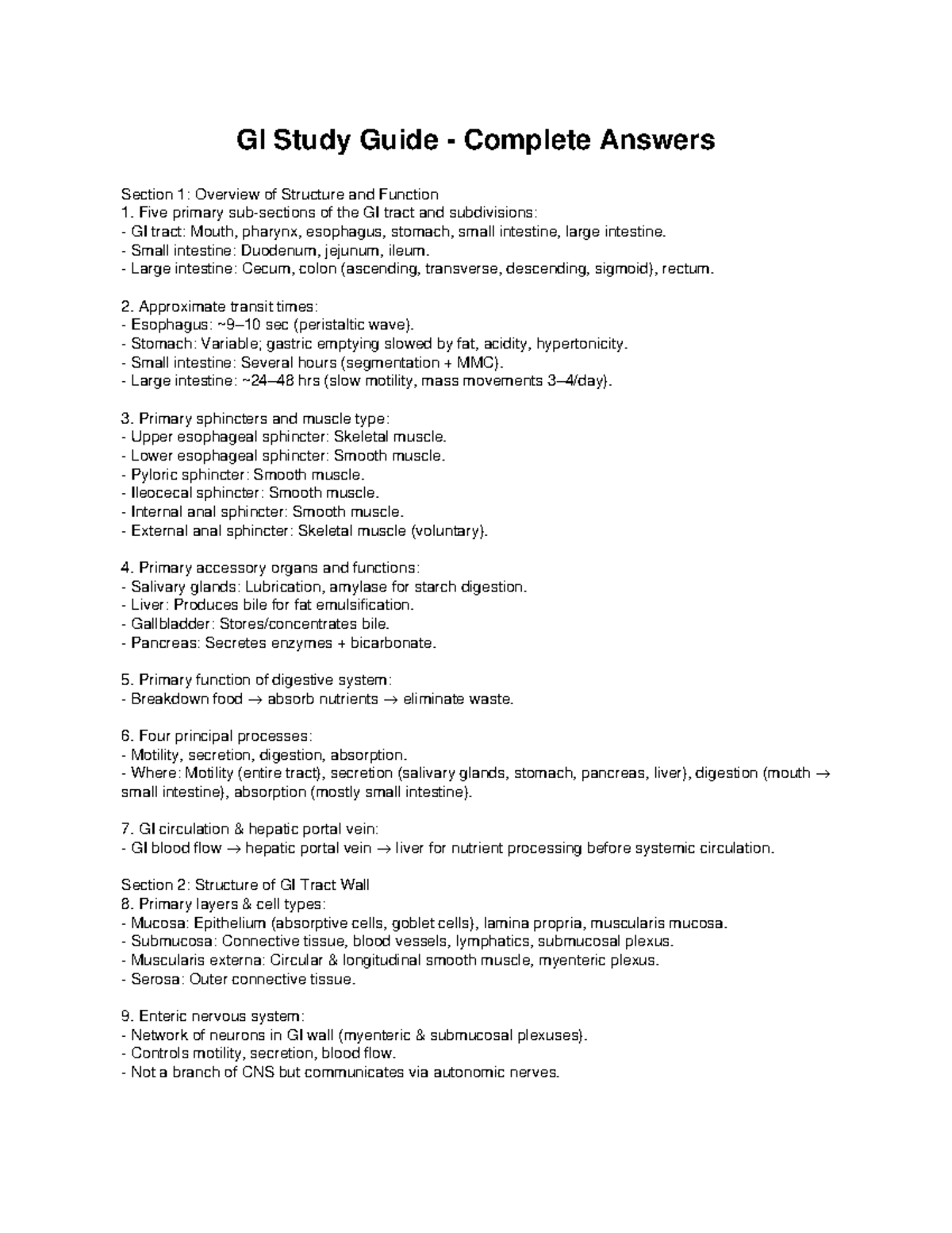 GI 101 Study Guide: Complete Answers on GI Structure & Function - Studocu