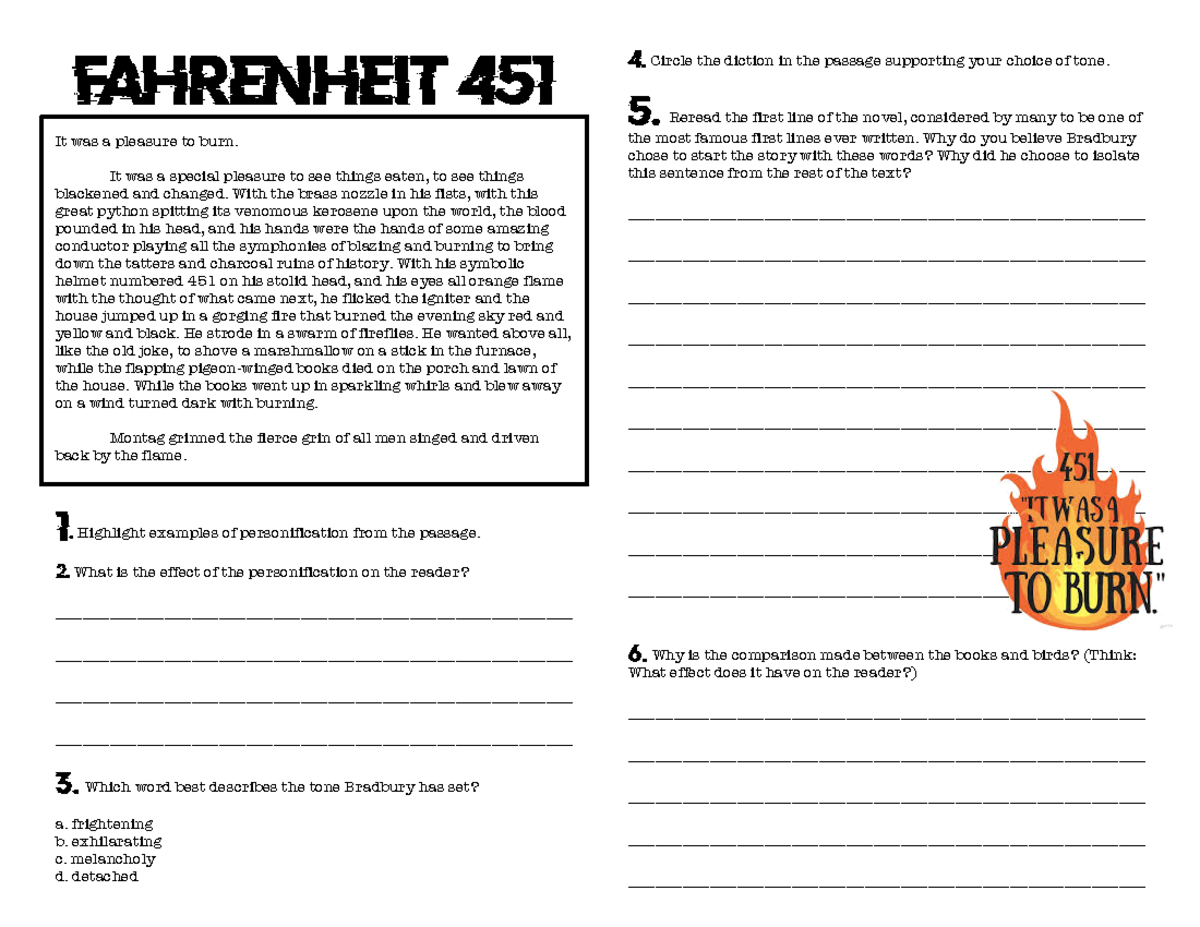 Fahrenheit 451Close Read Activity-1 - Fahrenheit 451 It was a pleasure ...