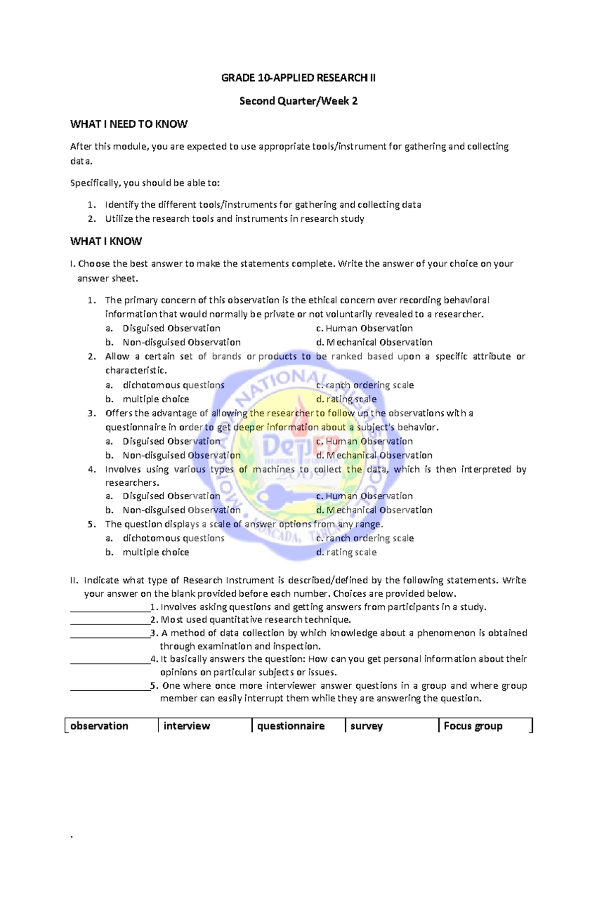 Grade 10 Practical Research II: Module 2 on Research Instruments - Studocu