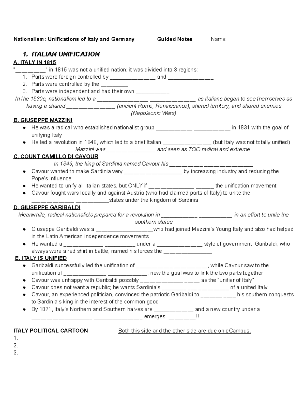 Nationalism: Guided Notes on Italian & German Unifications - Studocu