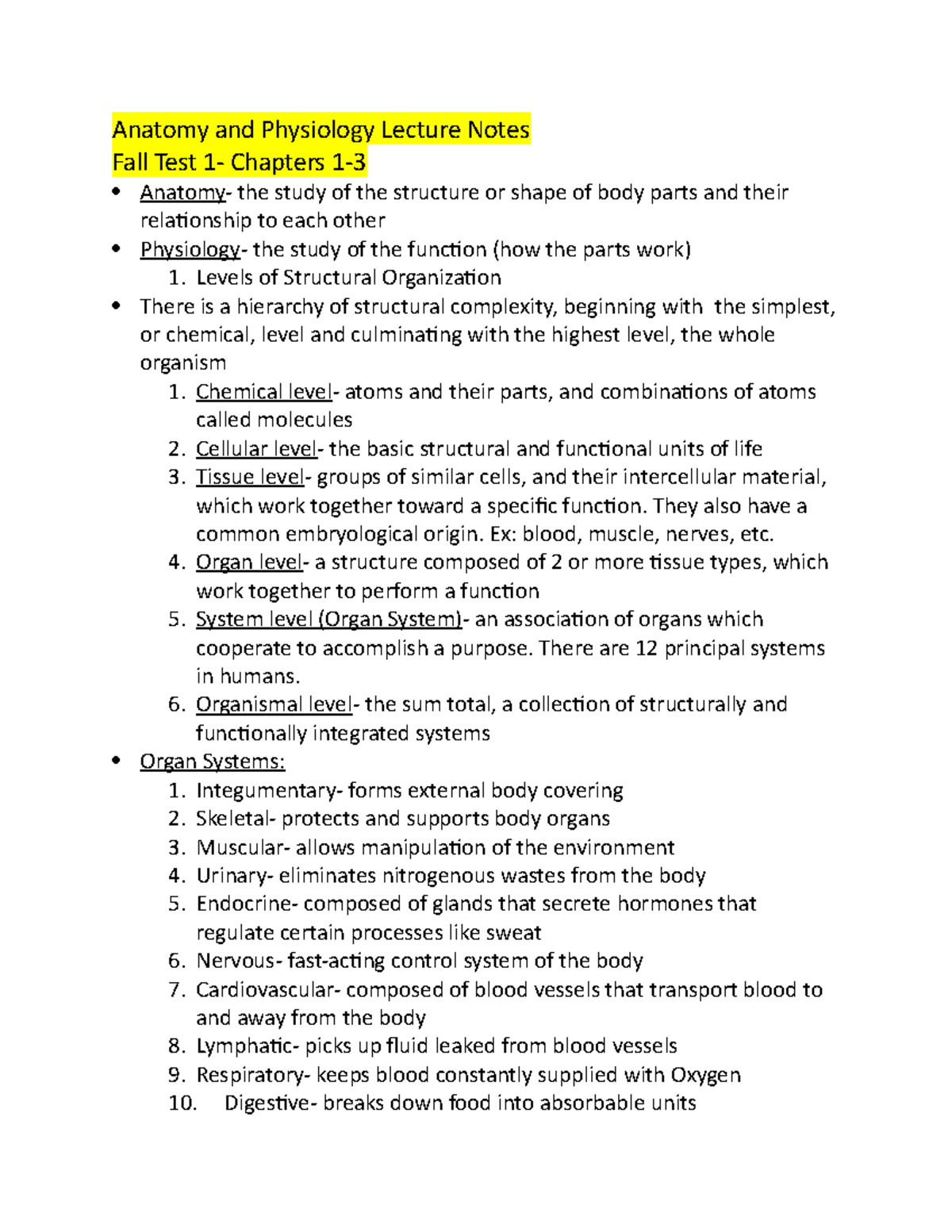 A&P Notes 1 - Anatomy and Physiology Lecture Notes Fall Test Chapters ...