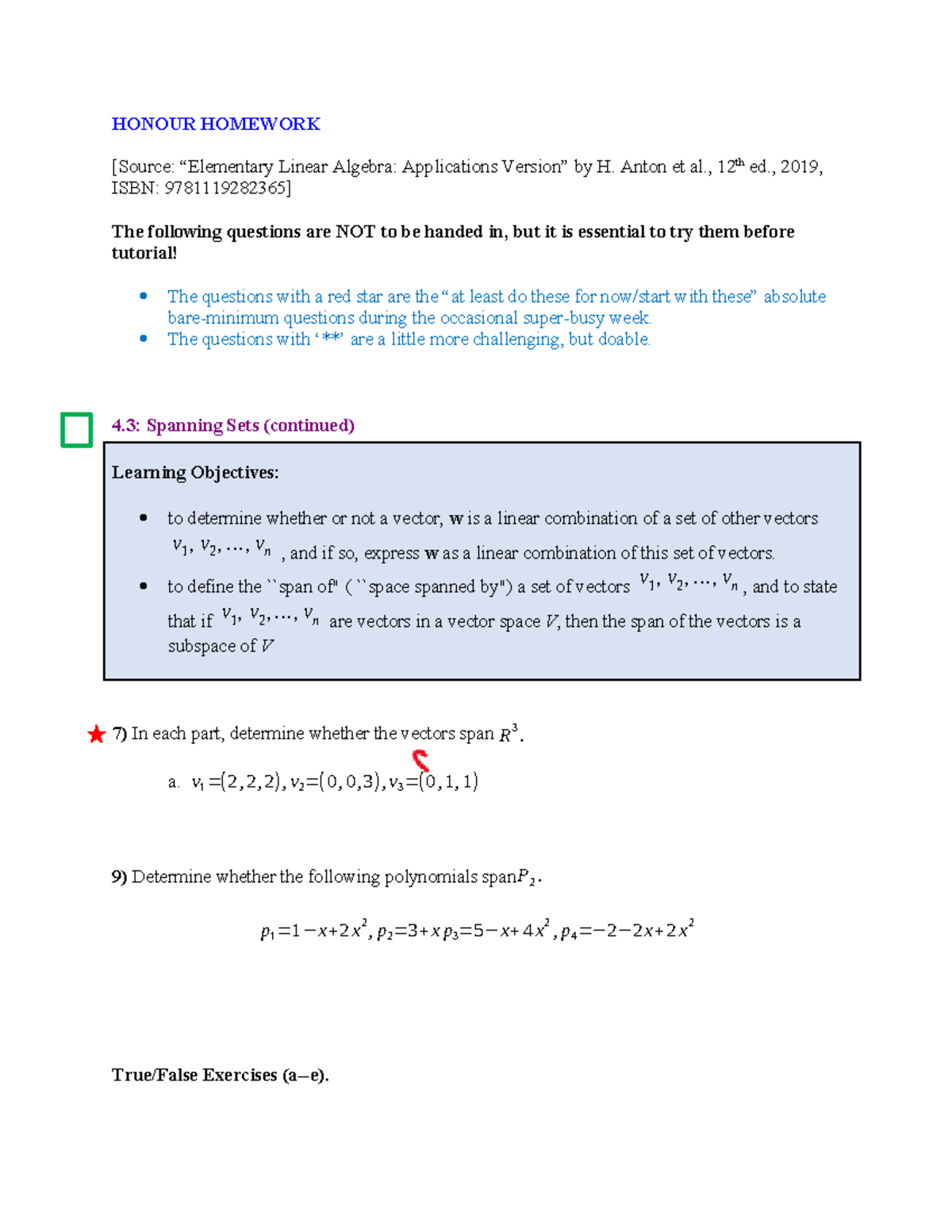 HONOUR HOMEWORK Linear Algebra: Applications (Mod 7) - Studocu