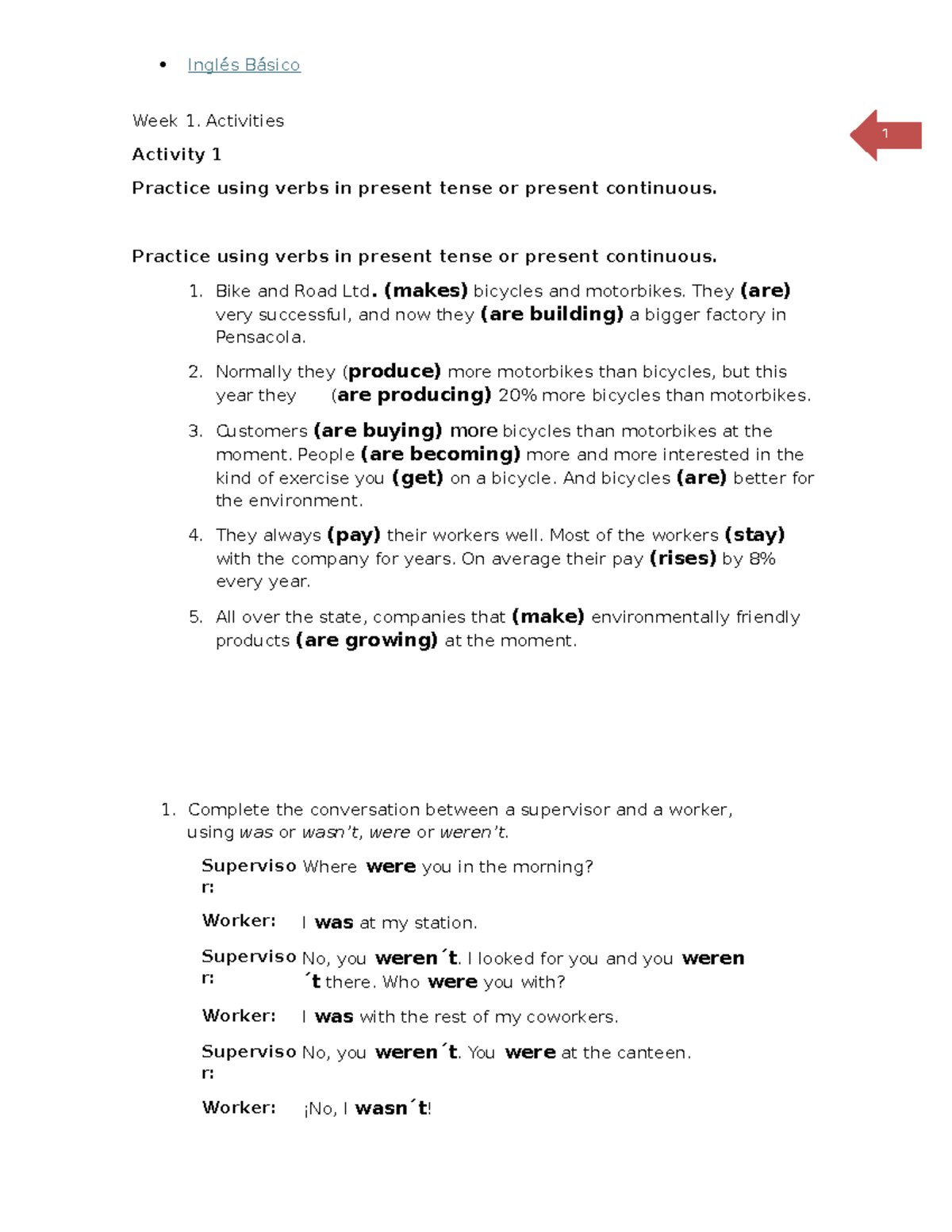 Inglés Básico SEM1 - TAREA 1 - 1 Week 1. Activities Activity 1 Practice ...