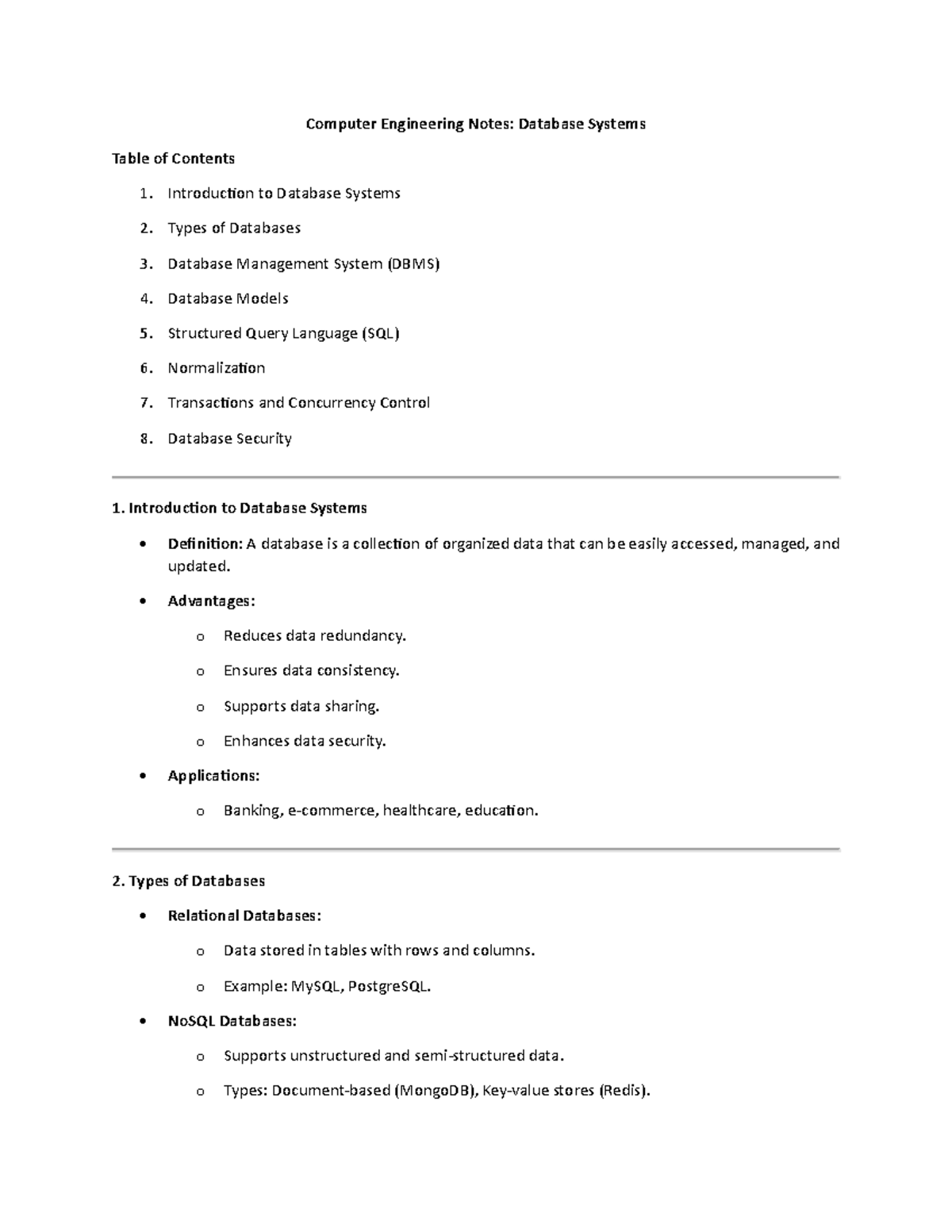 Database System - Computer Engineering Notes: Database Systems Table of ...